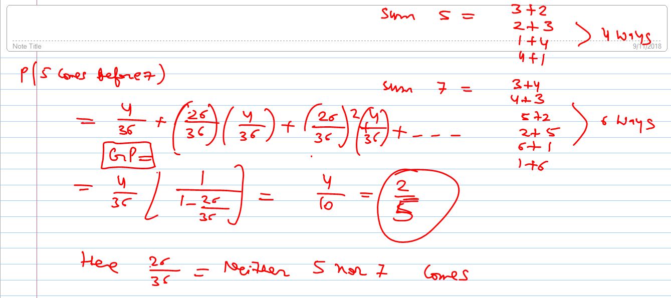 on a toss of two die a total throw of 5. then the probability that he ...