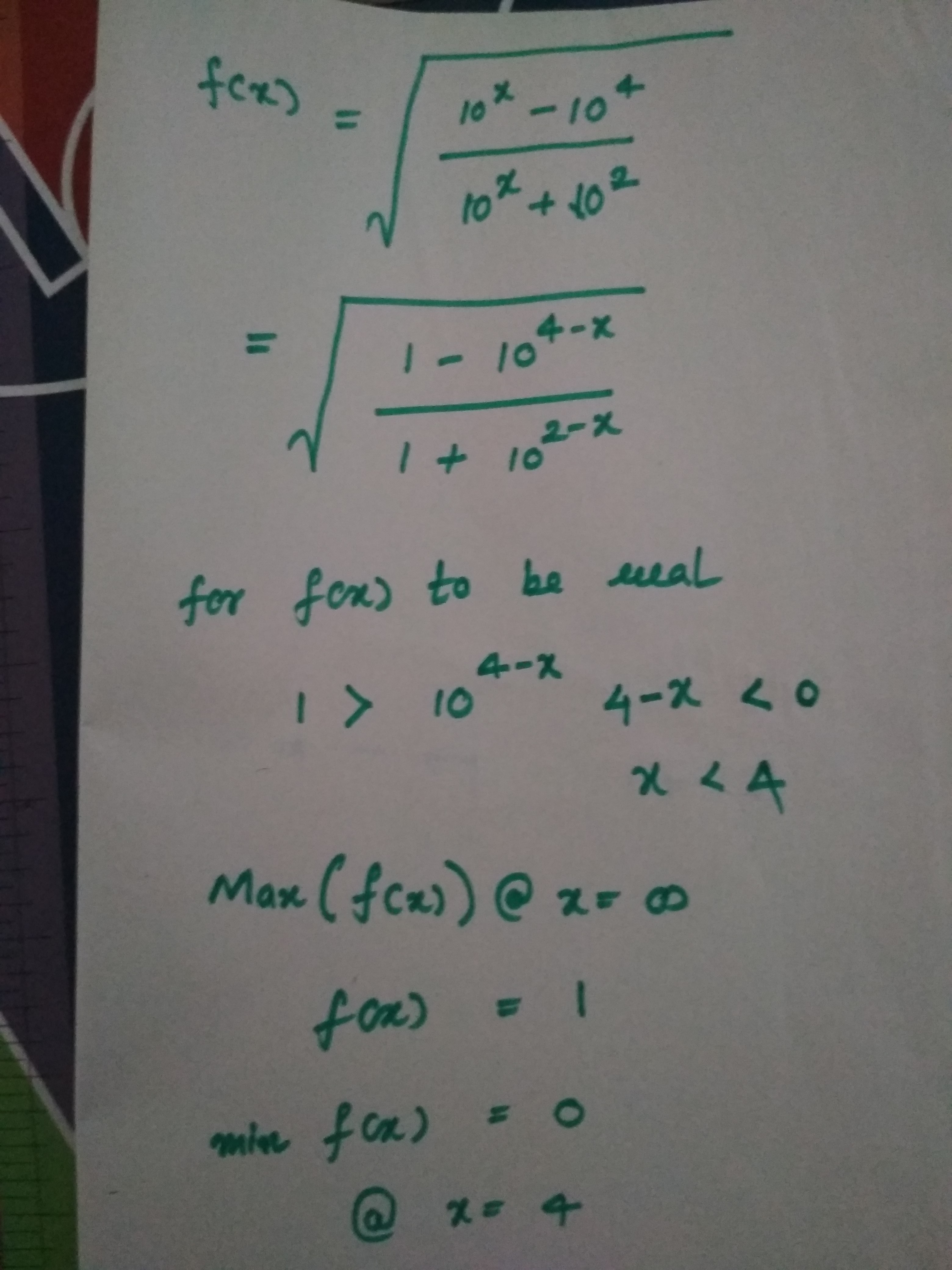 the range of f(x)= sqrt (10^x-10^4)/(10^x+10^2).. what will be the so ...