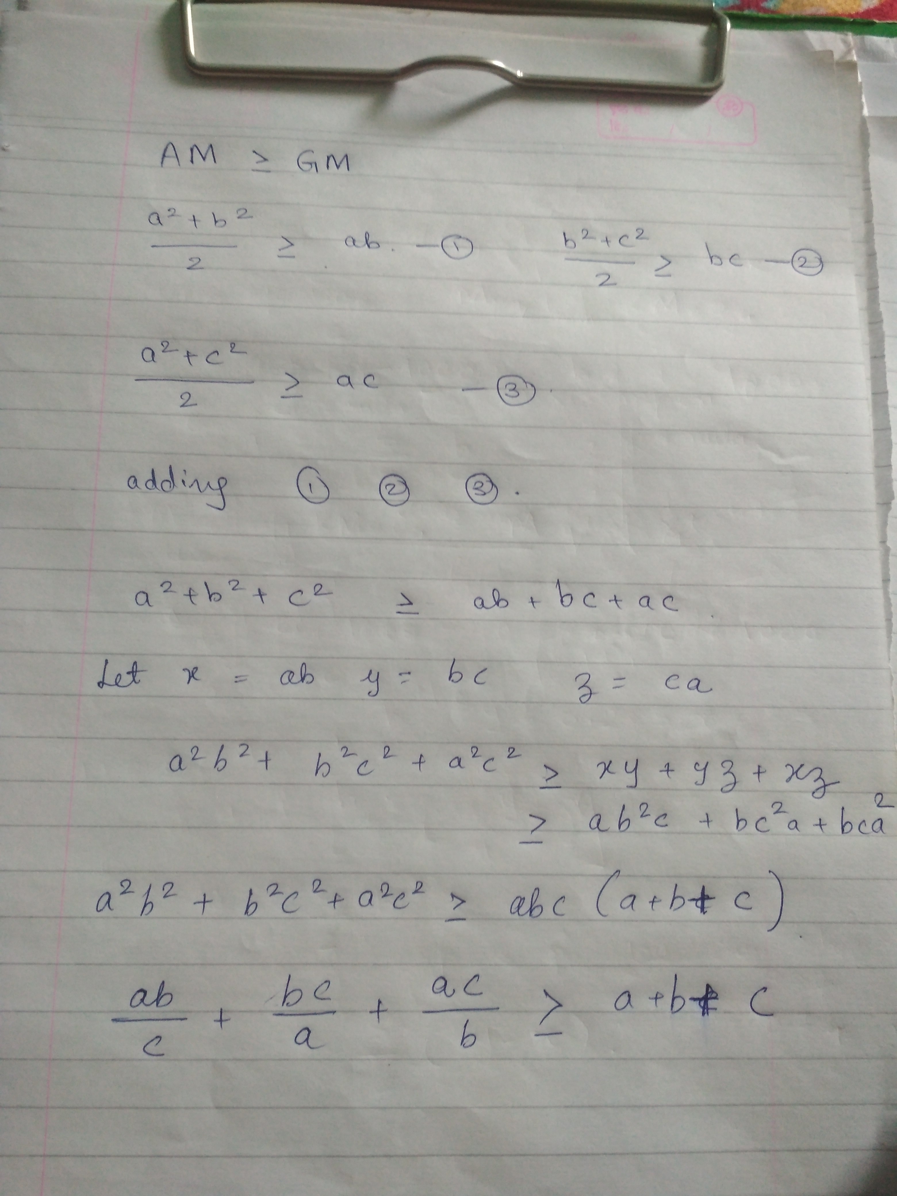 For positive numbers a,b,c prove that bc/a +ac/b + ab/c is greater th ...