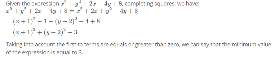What is the minimum value of the expression x^2+y^2+2x-4y+8 - askIITians