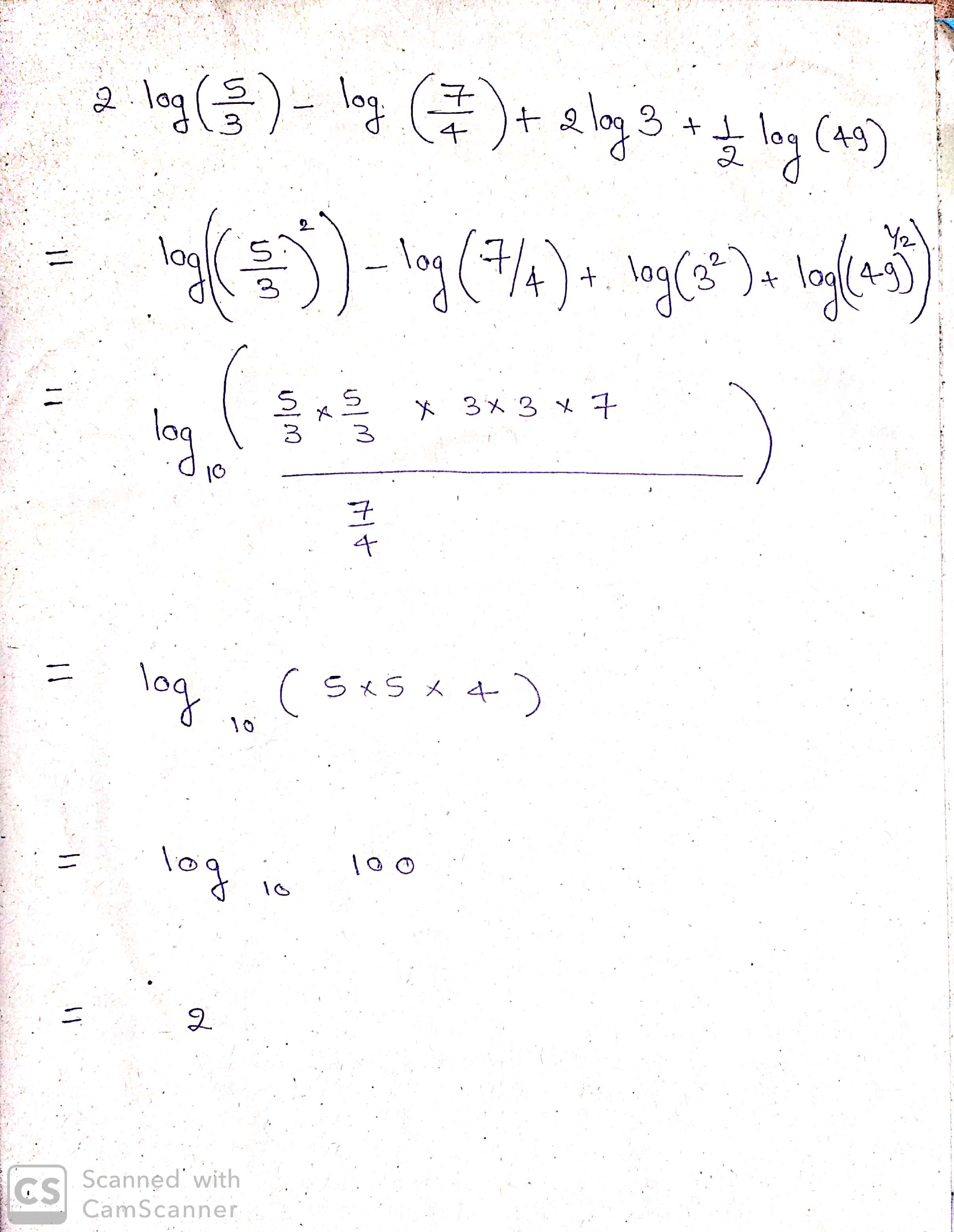 The value of 2 log 5/3 – log 7/4 + 2 log 3 +1/2 log 49 is - askIITians