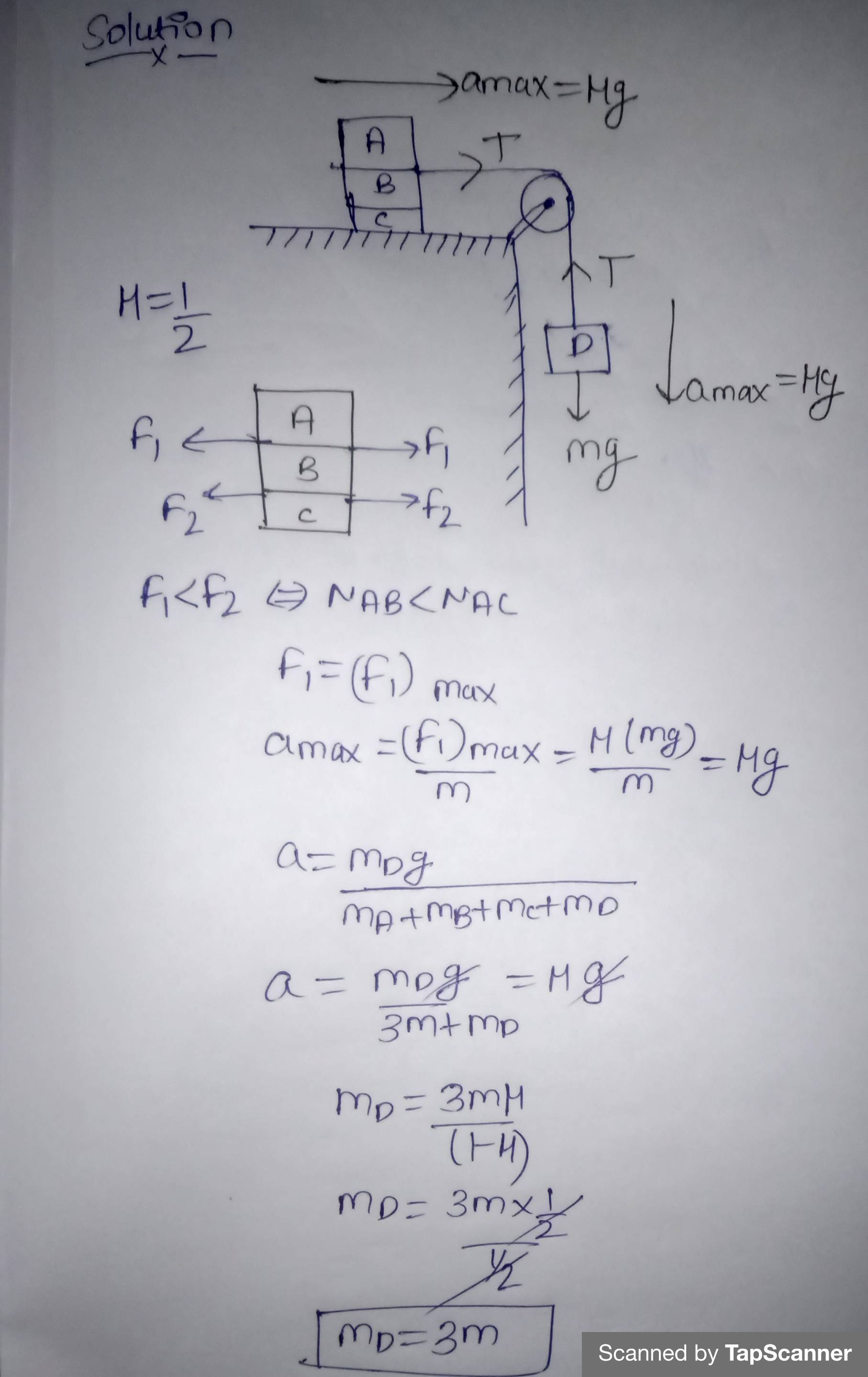 Three blocks A,B and C of equal mass m are placed one over the other ...