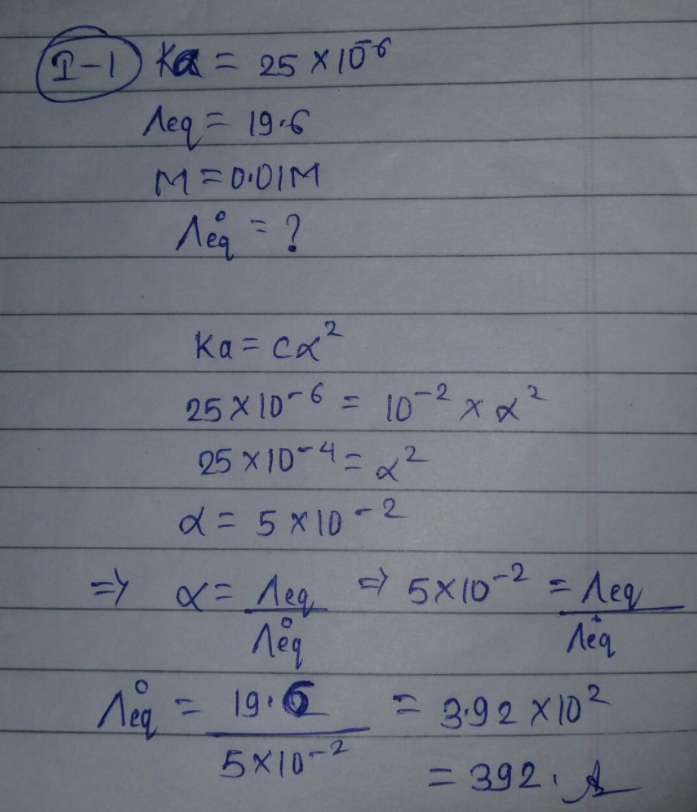 equivalent conductivity of 0.01M weak electrolyte is19.6Scm2eq-1 if i ...