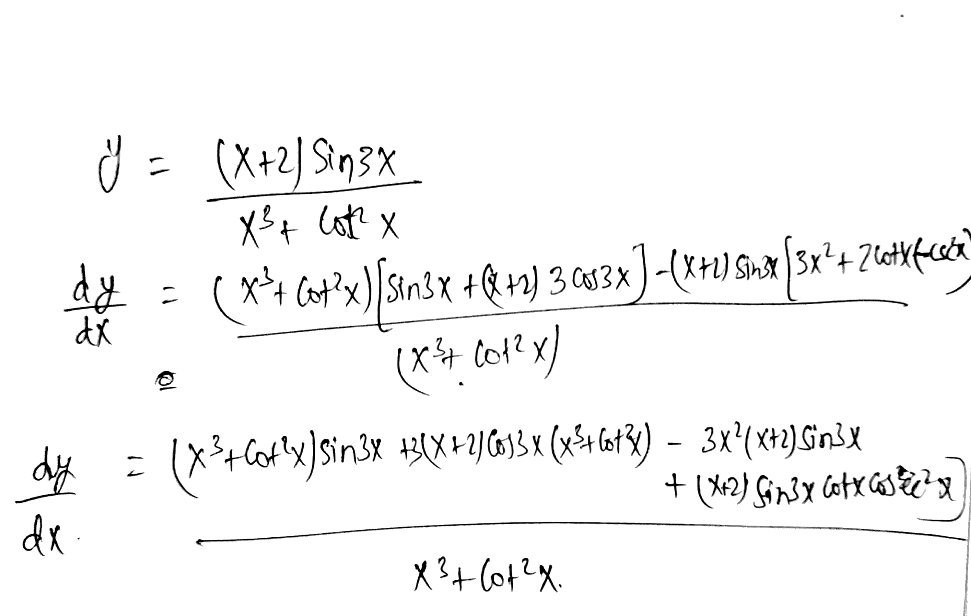 Find the Derivative of( X+2)sin3x/x^3+cot^2x with respect to x - askIITians