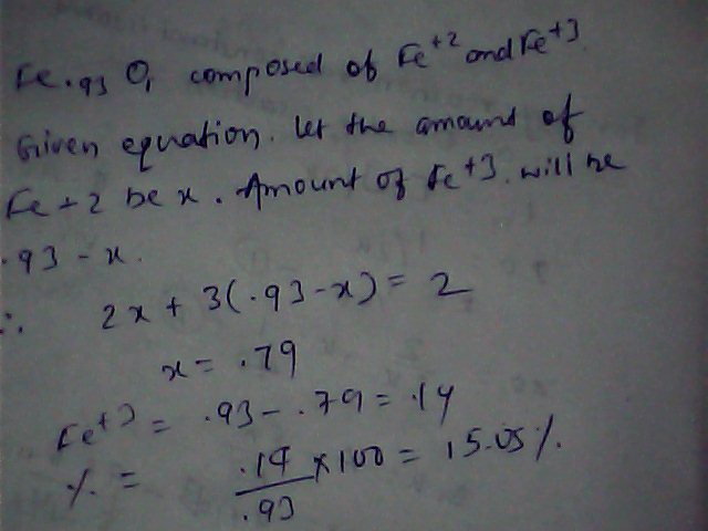 The composition of a sample of wustite is Fe0.93O1.00. What percentag ...