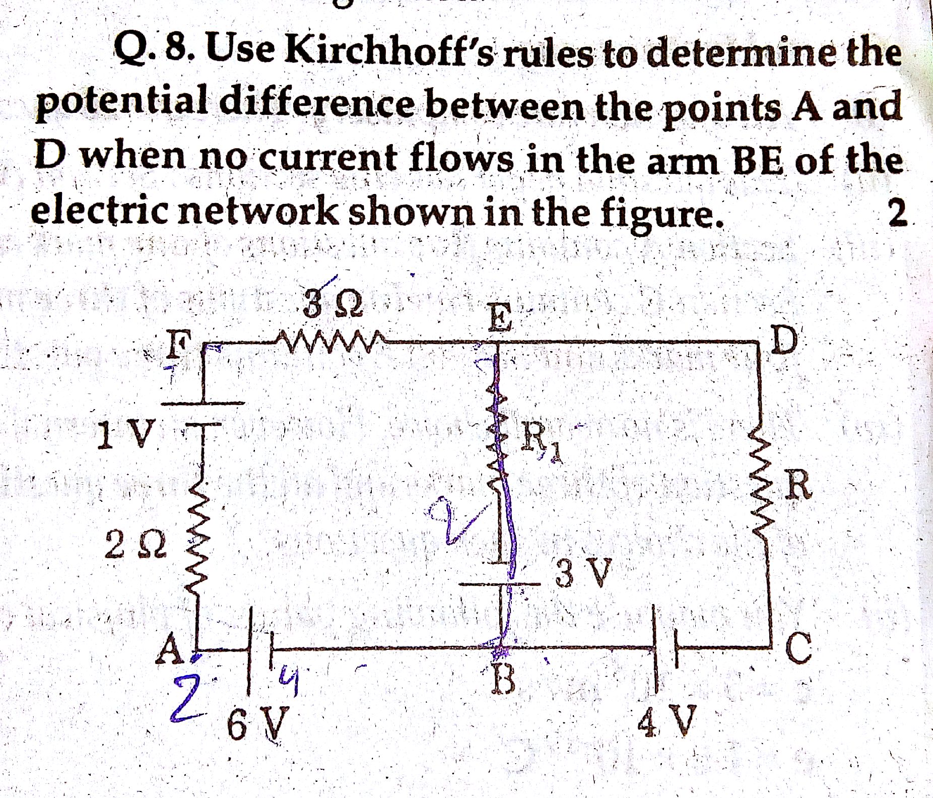 use kirchoff s rules to find the potential difference across A and D ...