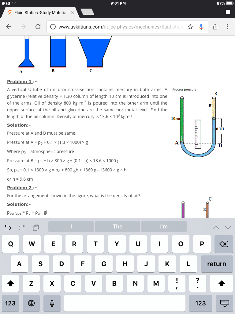 Pressure at c in example problem no 1 in this page fluid statics ...