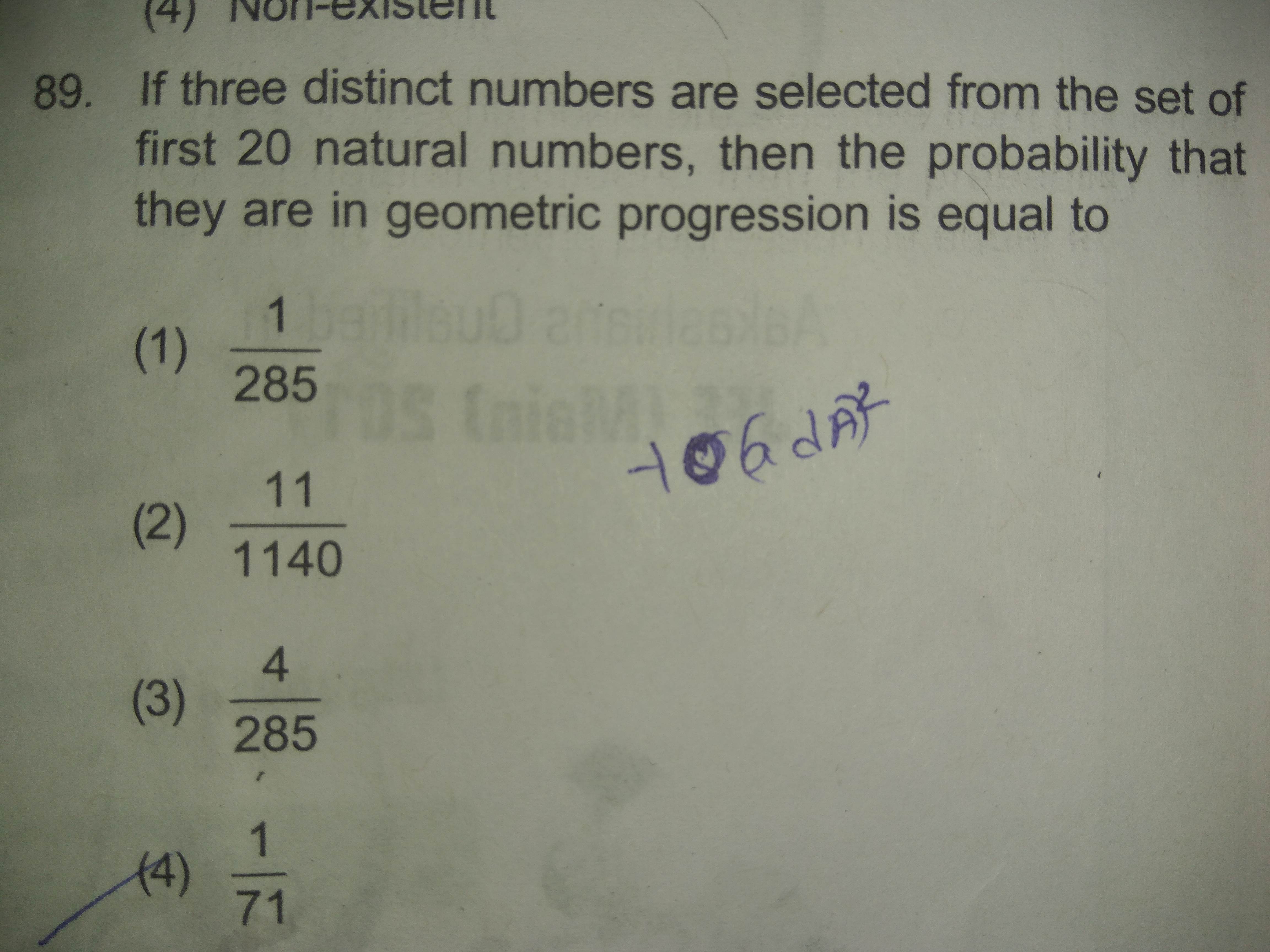 if three distinct numbers are selected from the set of first 20 natur ...