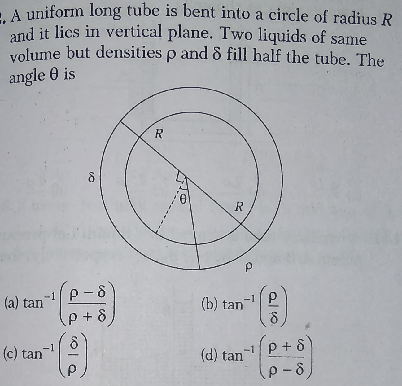 A uniform long tube is bent into a circle of radius R and it lies in ...