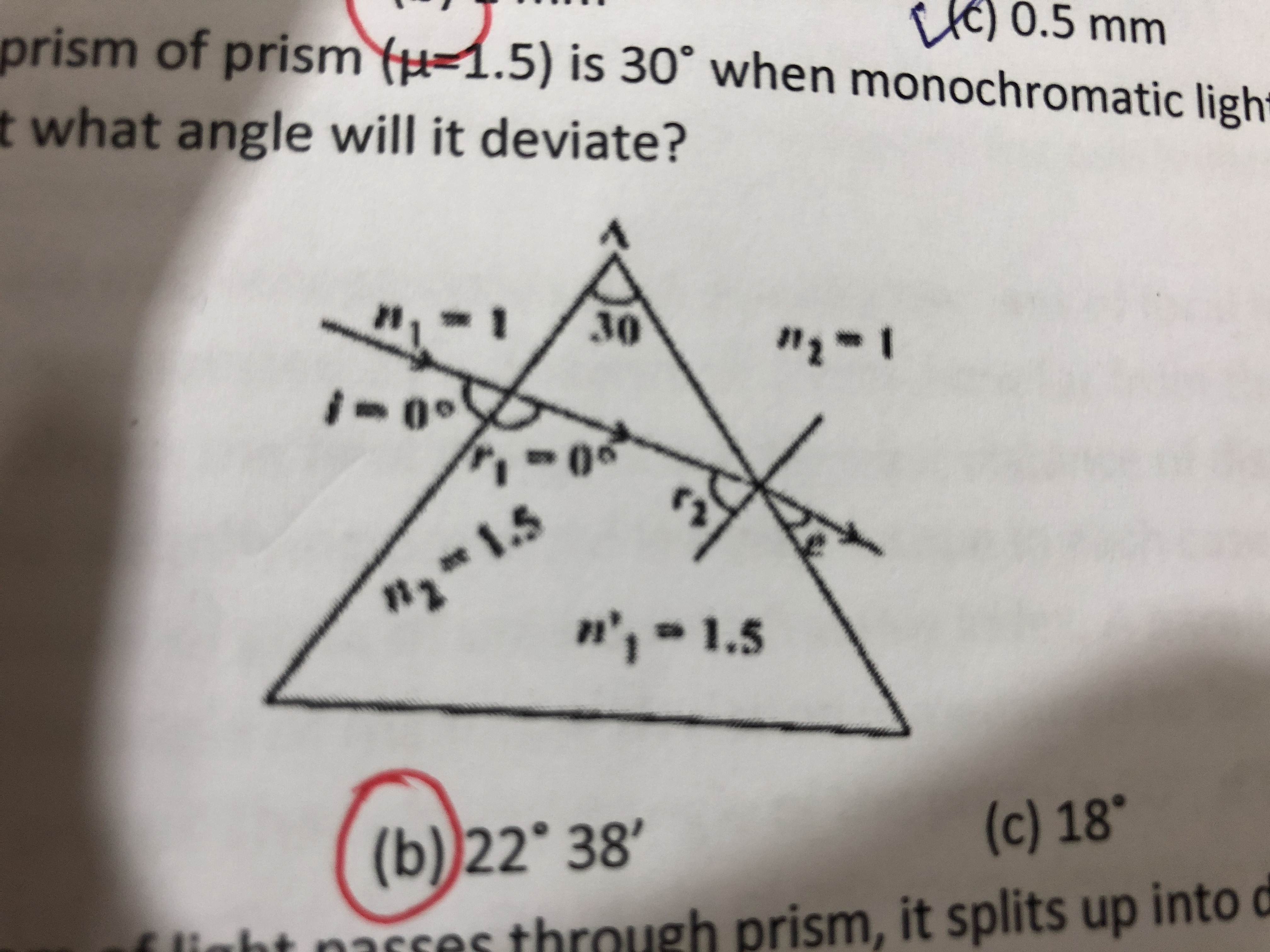Angle of prism (mu = 1.5) is 30degree when monochromatic light is inc ...