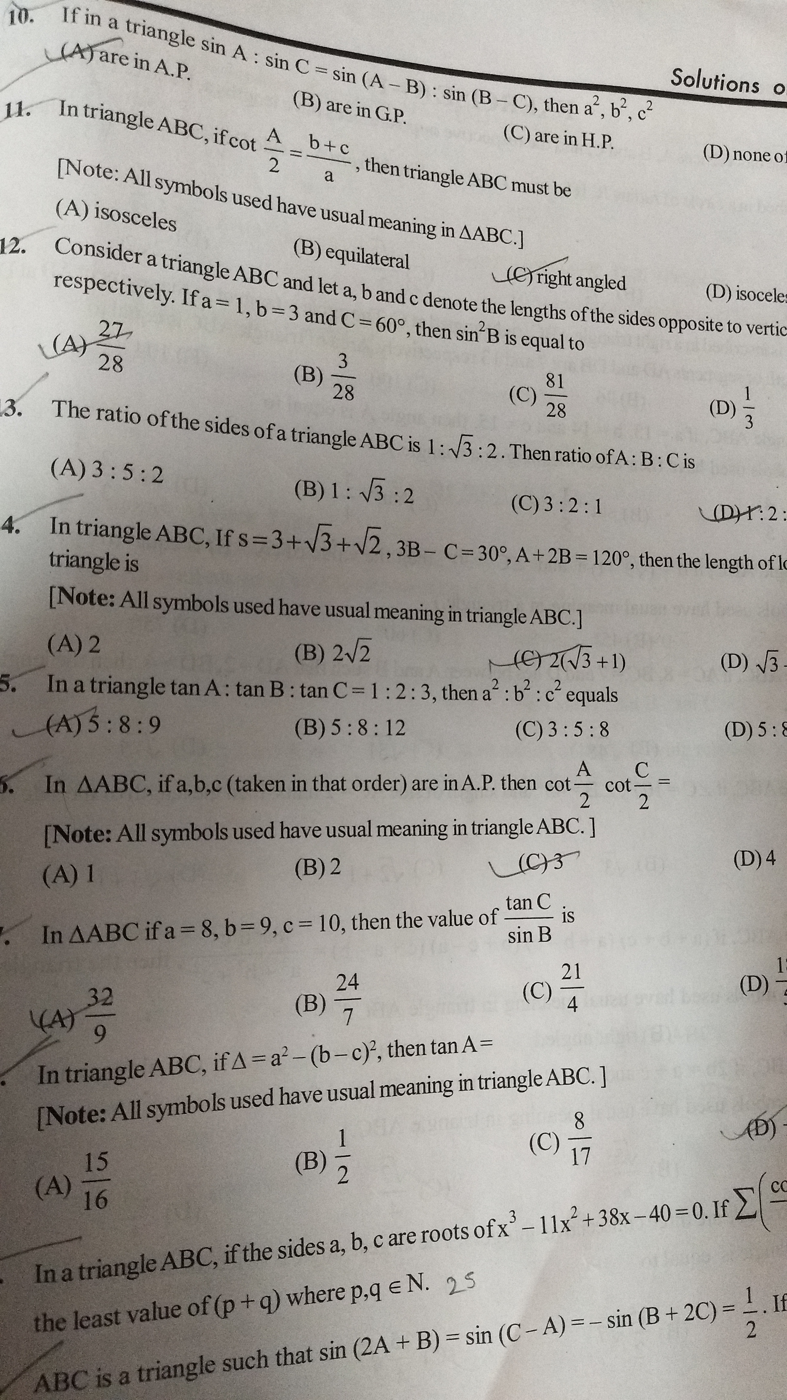 If a triangletanA:tanB:tanC=1:2:3 then a^2:b^2:c^2 - askIITians