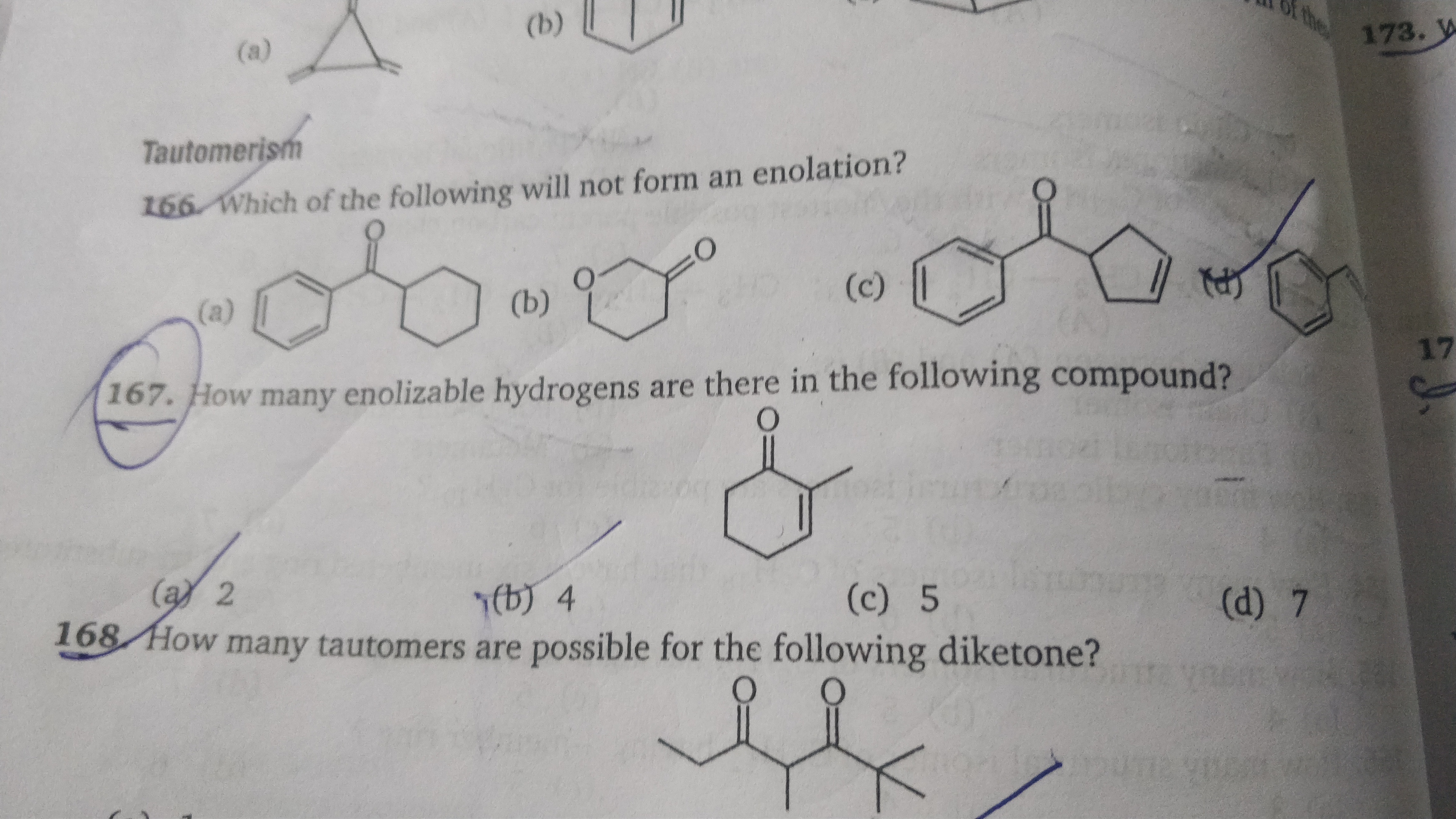 Plz answer question 167 on the number of enolizable hydrogen atoms ...