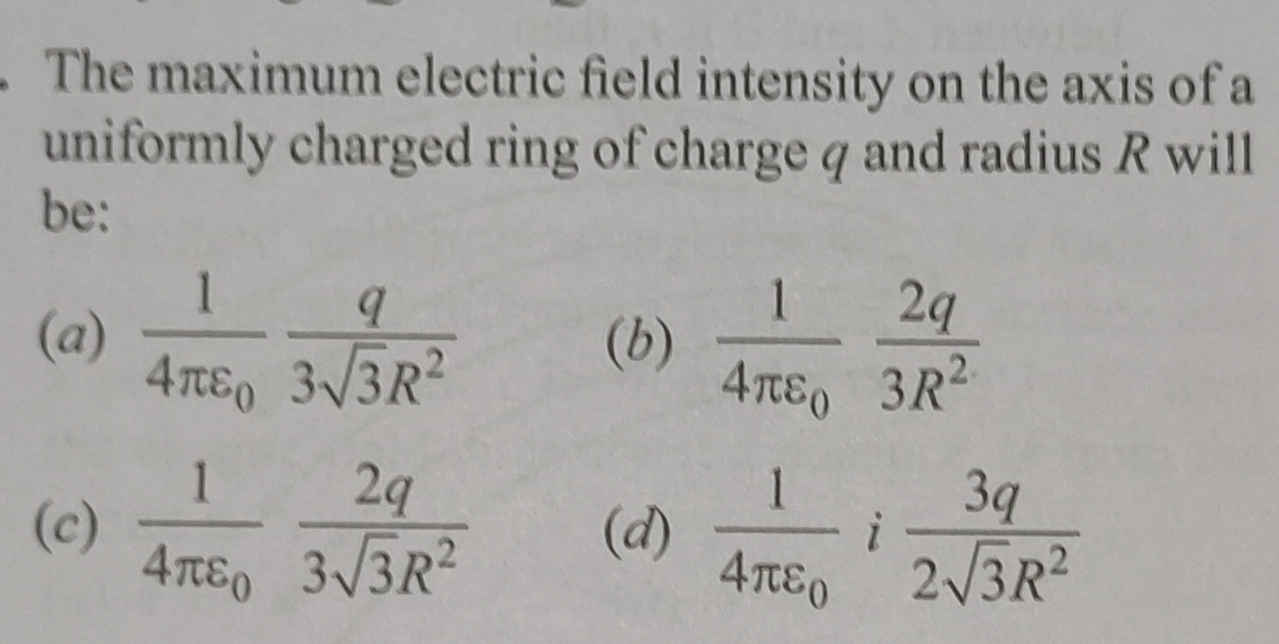 The maximum electric field intensity on the axis of a uniformly charg ...